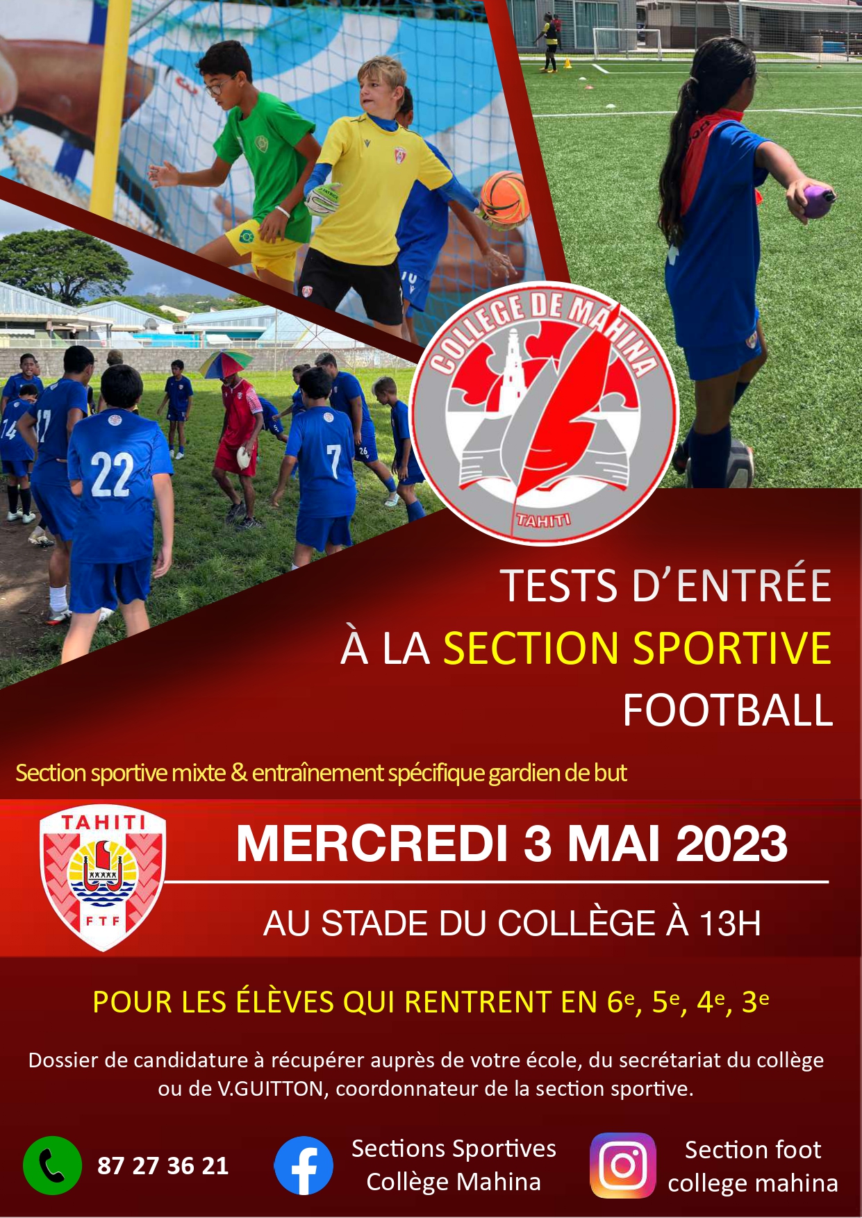 SECTIONS SPORTIVES COLLÈGE DE MAHINA, TESTS D’ENTREE. – COLLEGE DE MAHINA